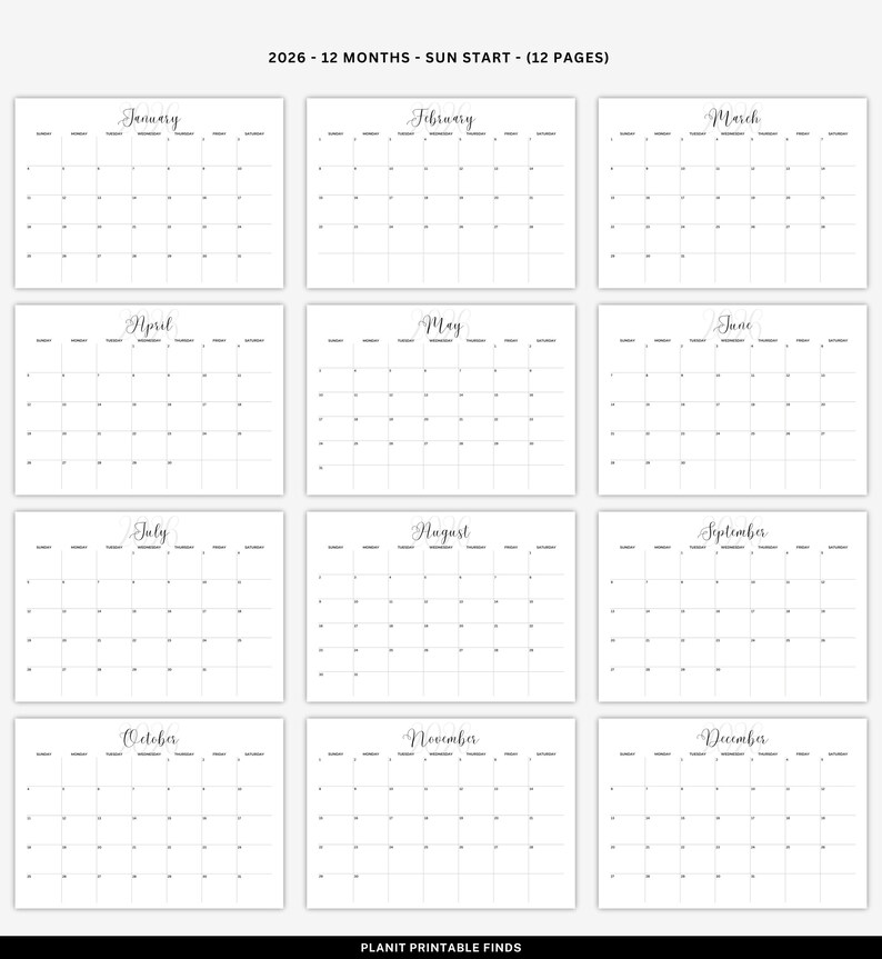 2026 Druckbarer Kalender, 2026 Eine Seite datiert Monatsplaner ...