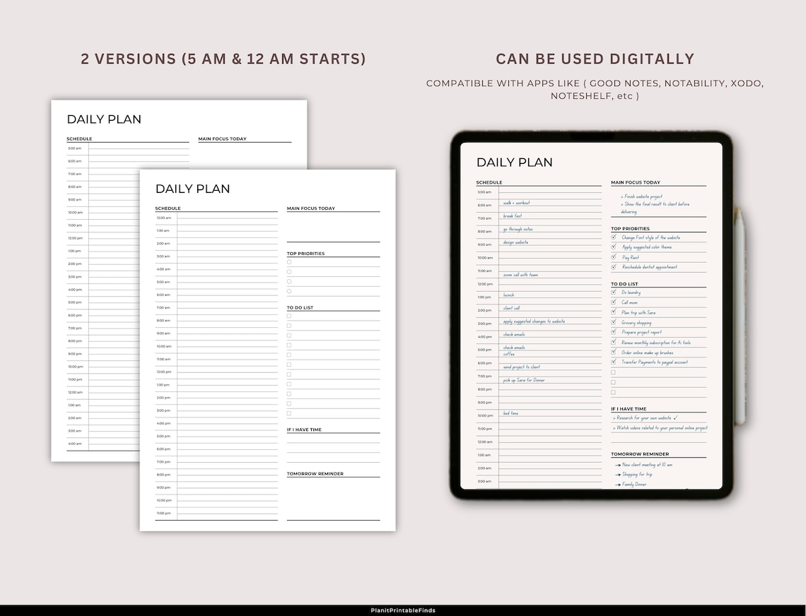 24 Hour Daily Planner Printable, Daily Plan on 2 Pages, Day on 2 Page ...