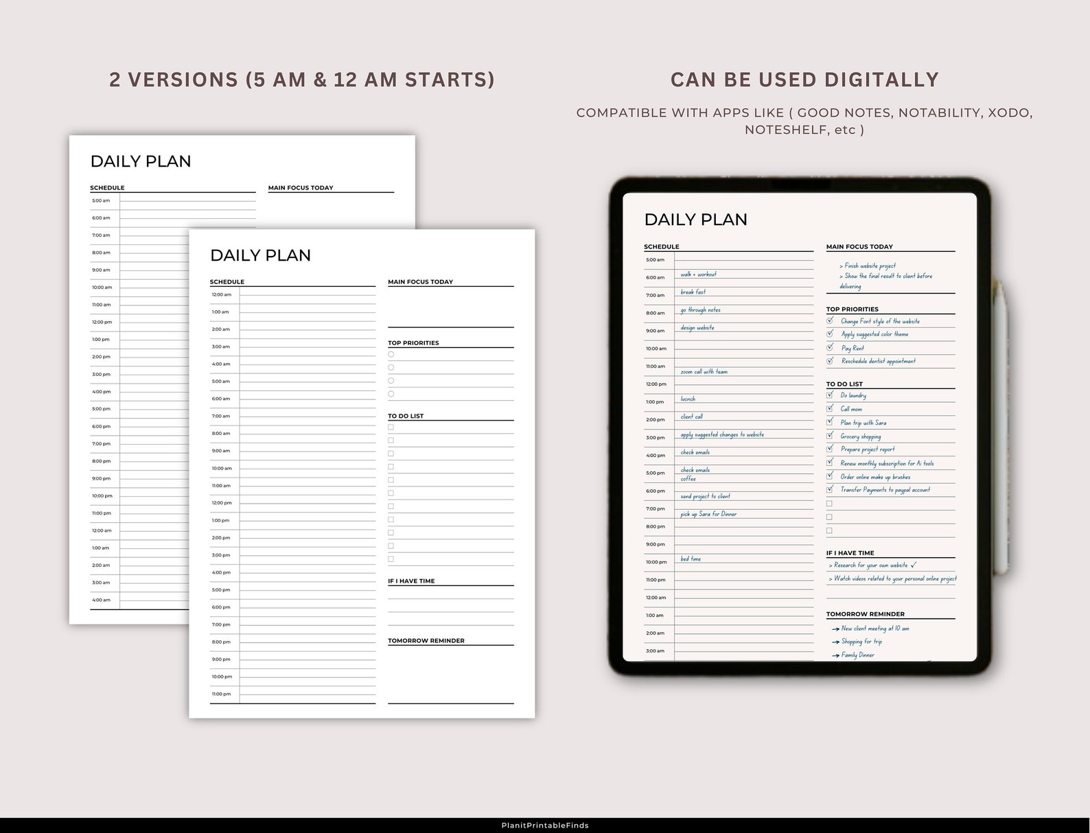 24 Hour Daily Planner Printable, Daily Plan on 2 Pages, Day on 2 Page ...