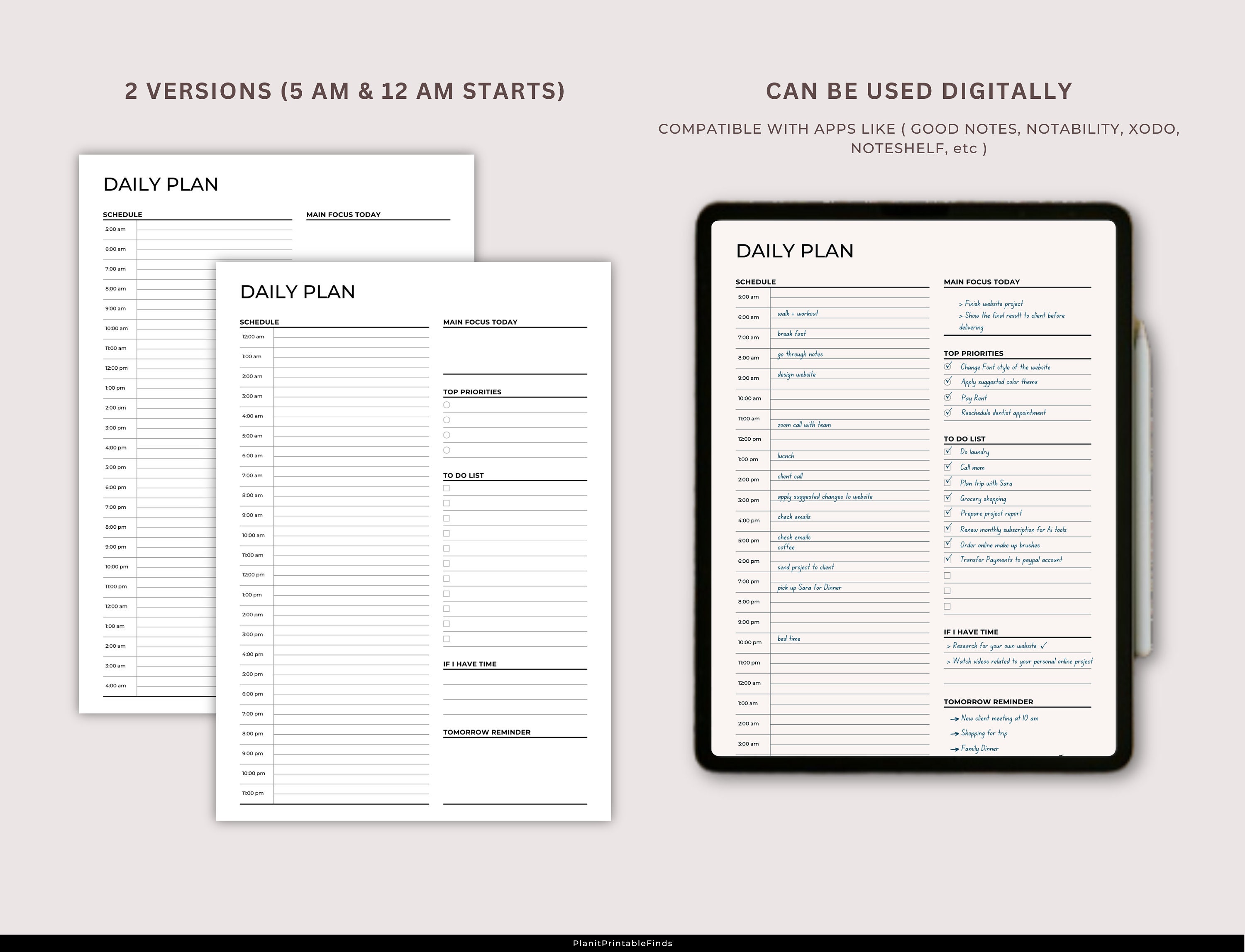 24 Hour Daily Planner Printable, Daily Plan on 2 Pages, Day on 2 Page ...