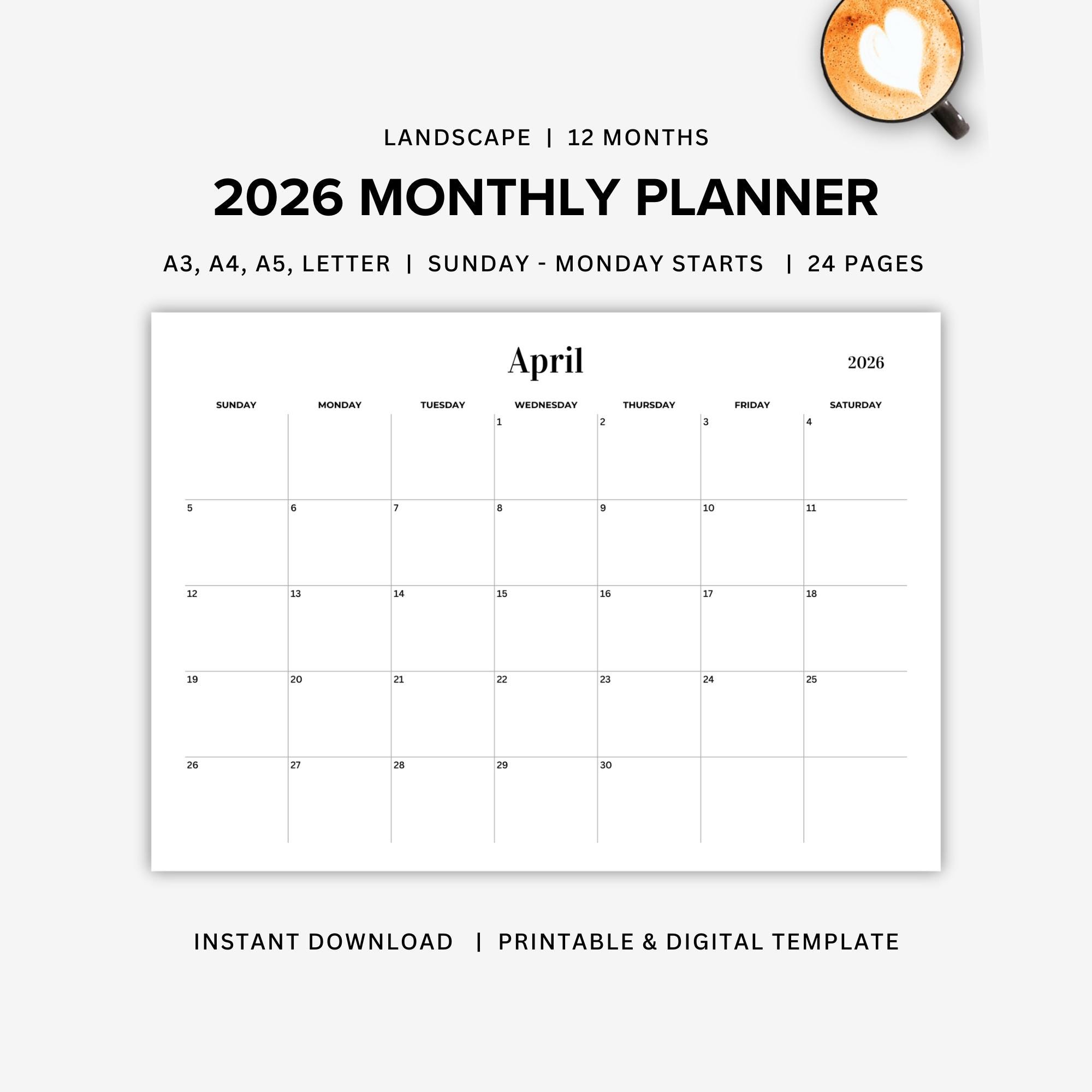 2026 Monthly Planner Printable Landscape Wall Calendar 2026 1 Page per ...