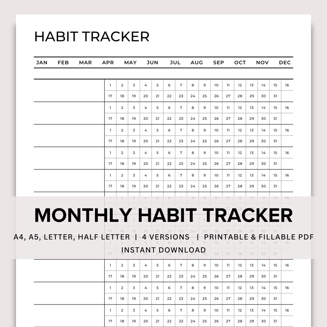 Monthly Habit Tracker Printable, 30 Day Habit Challenge, Daily Habit ...