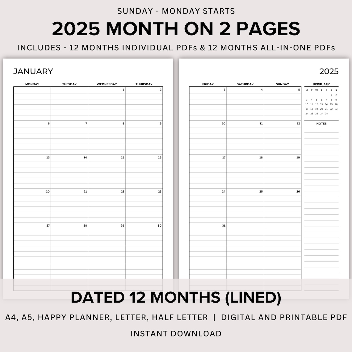 2025 Monthly Planner Printable, Dated Month on 2 Pages Lined, Monthly ...