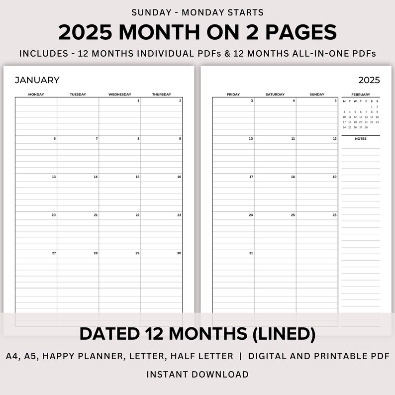 2025 Monthly Planner Printable, Dated Month on 2 Pages Lined, Monthly ...