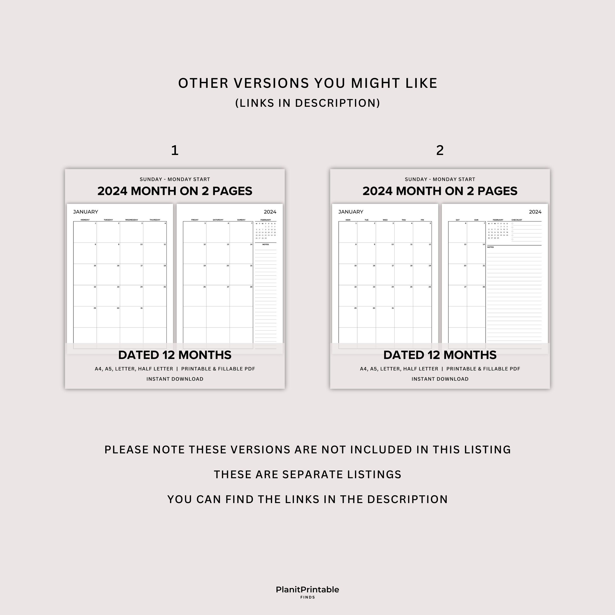 2024 Monthly Planner Printable, Dated Month on 2 Pages, Month at a ...