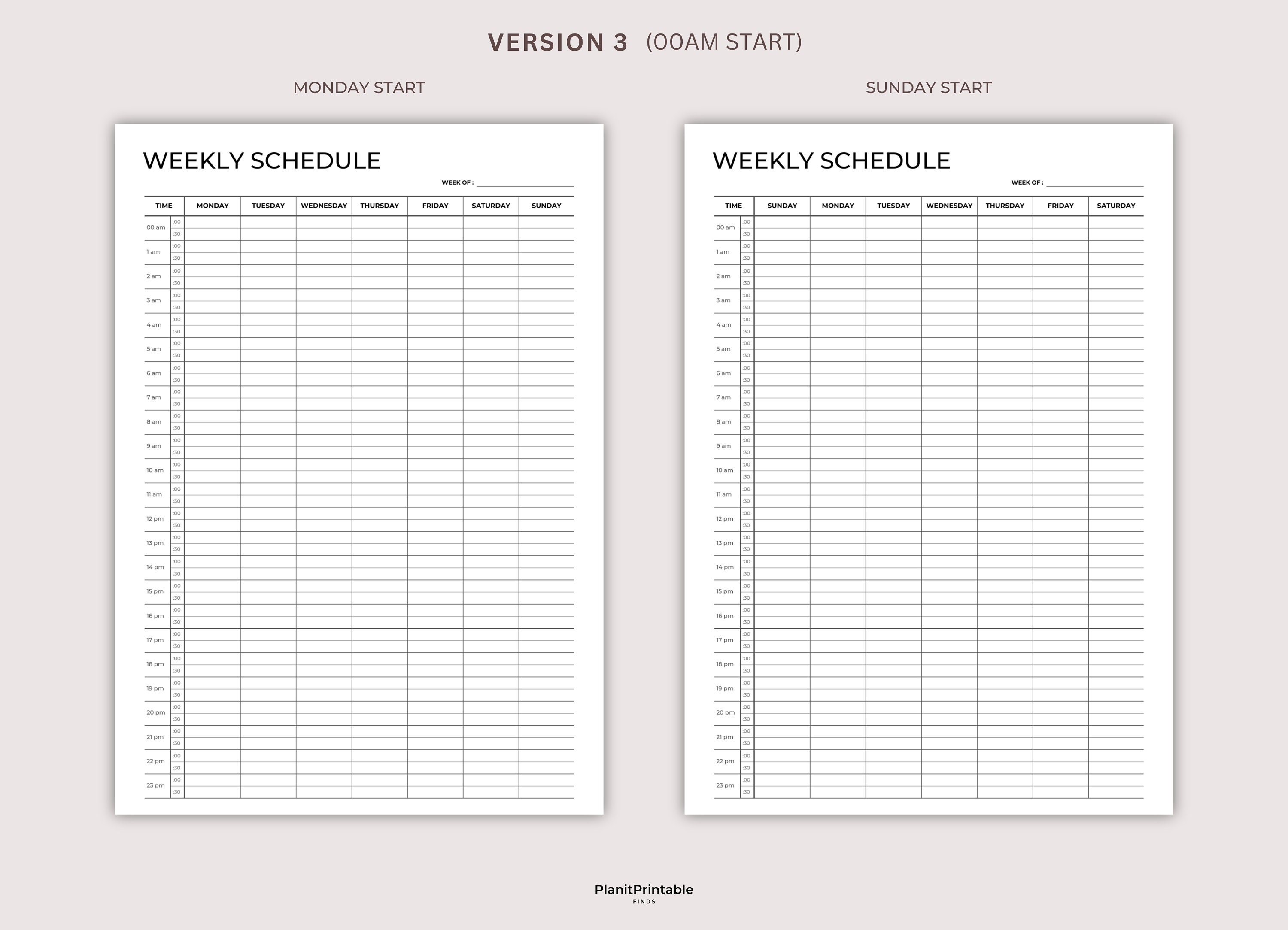 Half Hour Weekly Schedule Printable, Weekly to Do List, 24 Hour Weekly ...