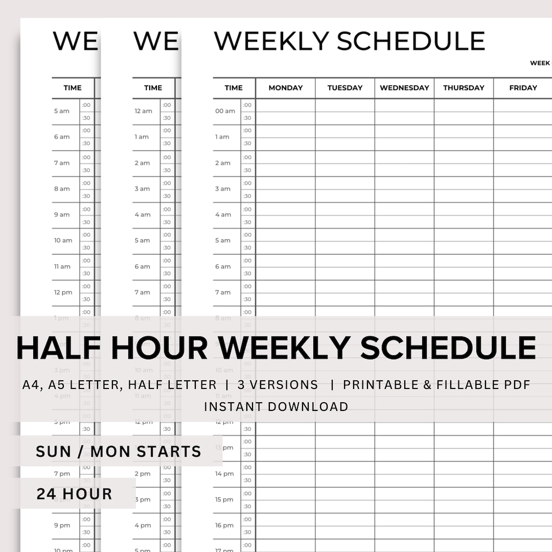 Half Hour Weekly Schedule Printable Weekly to Do List 24 - Etsy