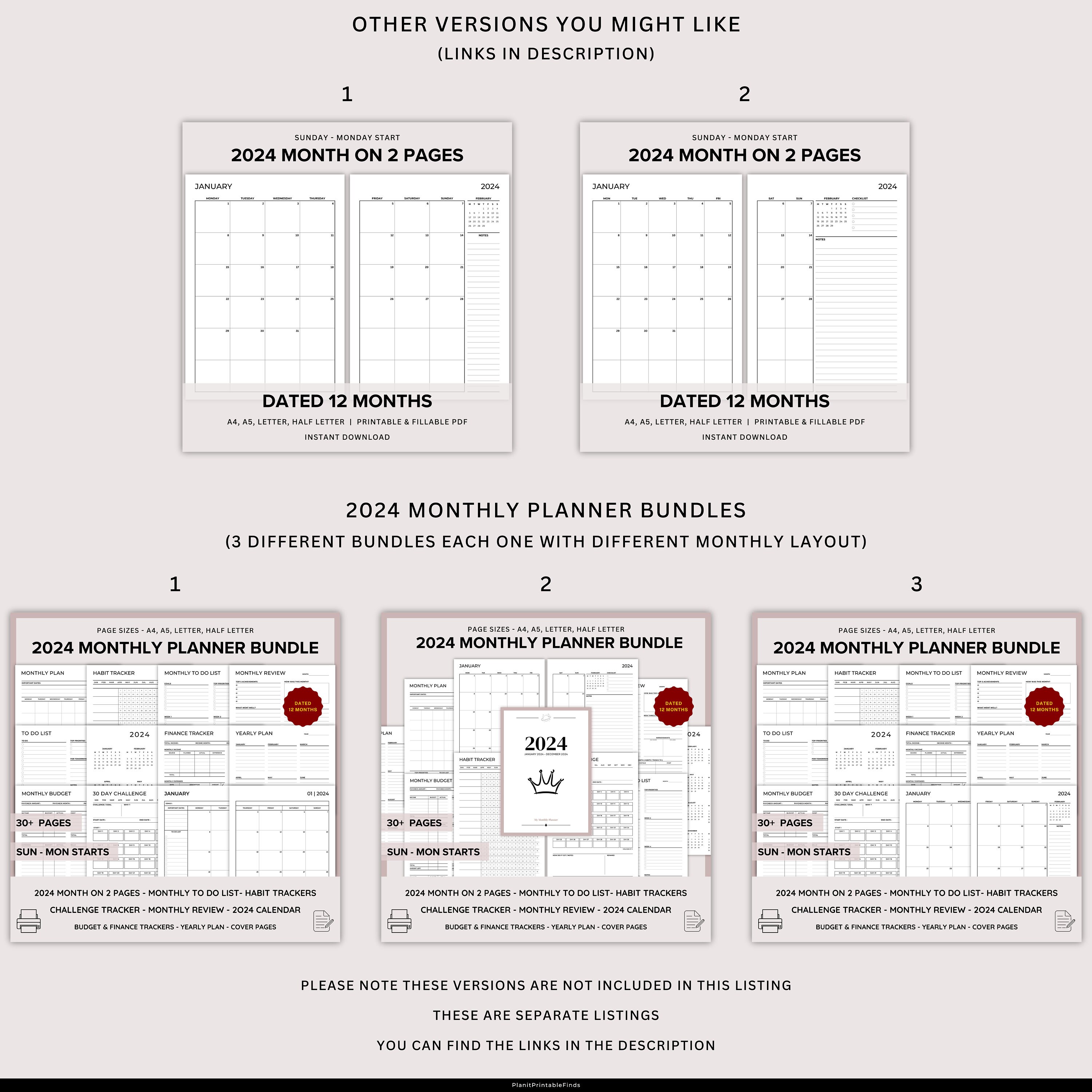 2024 Monthly Planner Printable, Dated Month on 2 Pages, Month at a ...