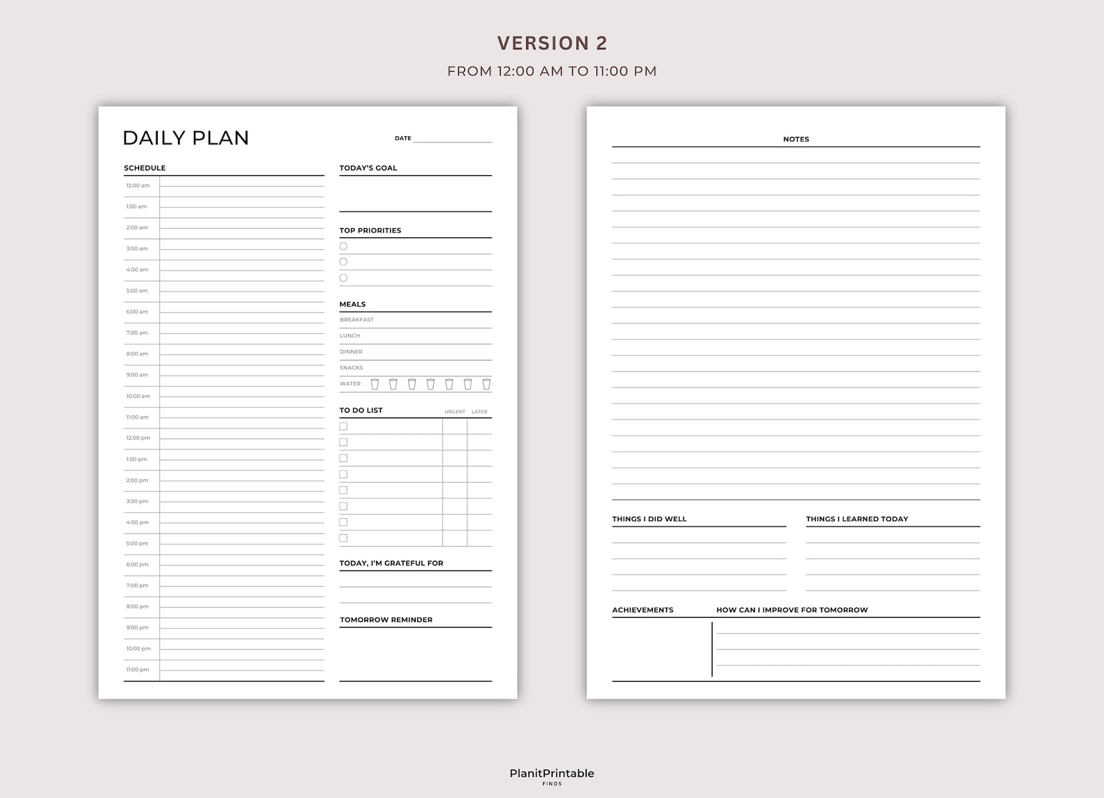 24 Hour Daily Planner Printable, Daily Plan on 2 Pages, Day on 2 Page ...