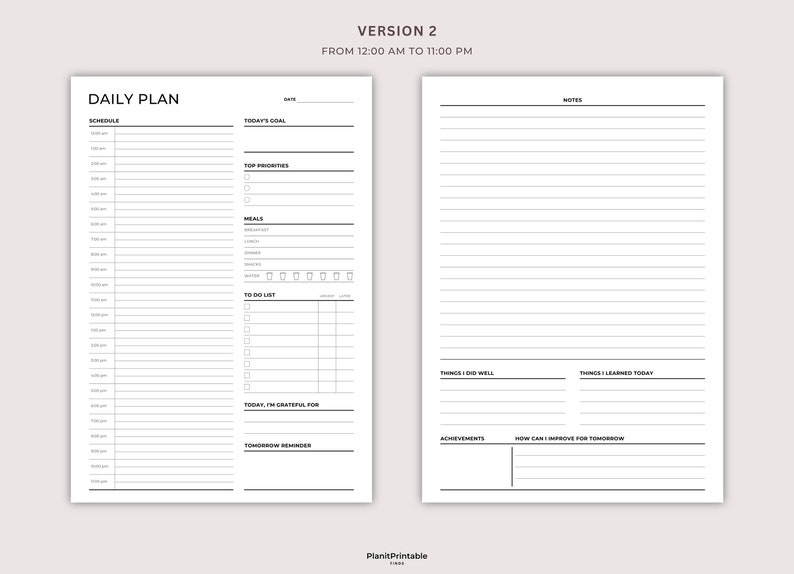 24 Hour Daily Planner Printable, Daily Plan on 2 Pages, Day on 2 Page, 2 Page per Day Planner ...