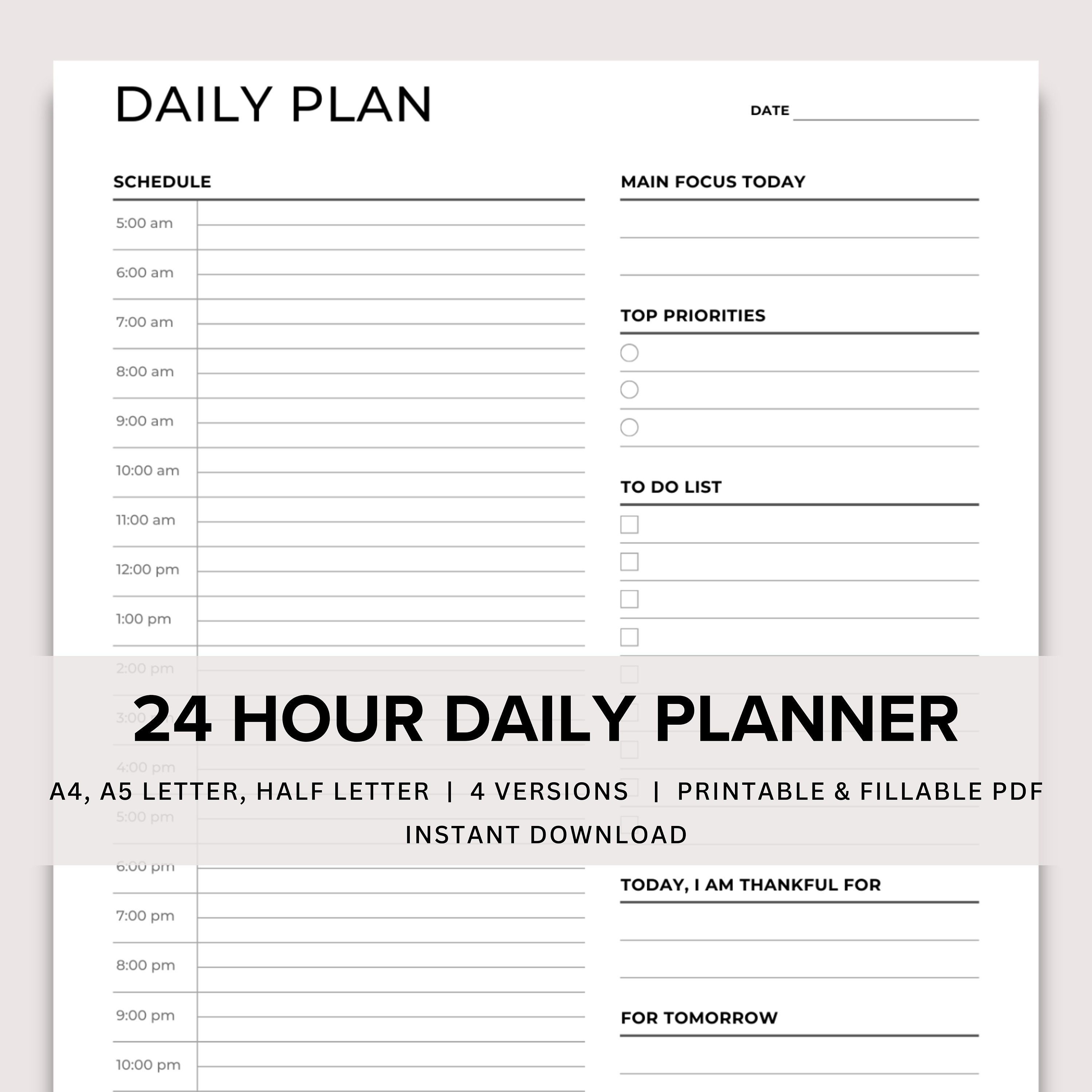 24 Hour Daily Planner Printable Daily Hourly Planner - Etsy Canada