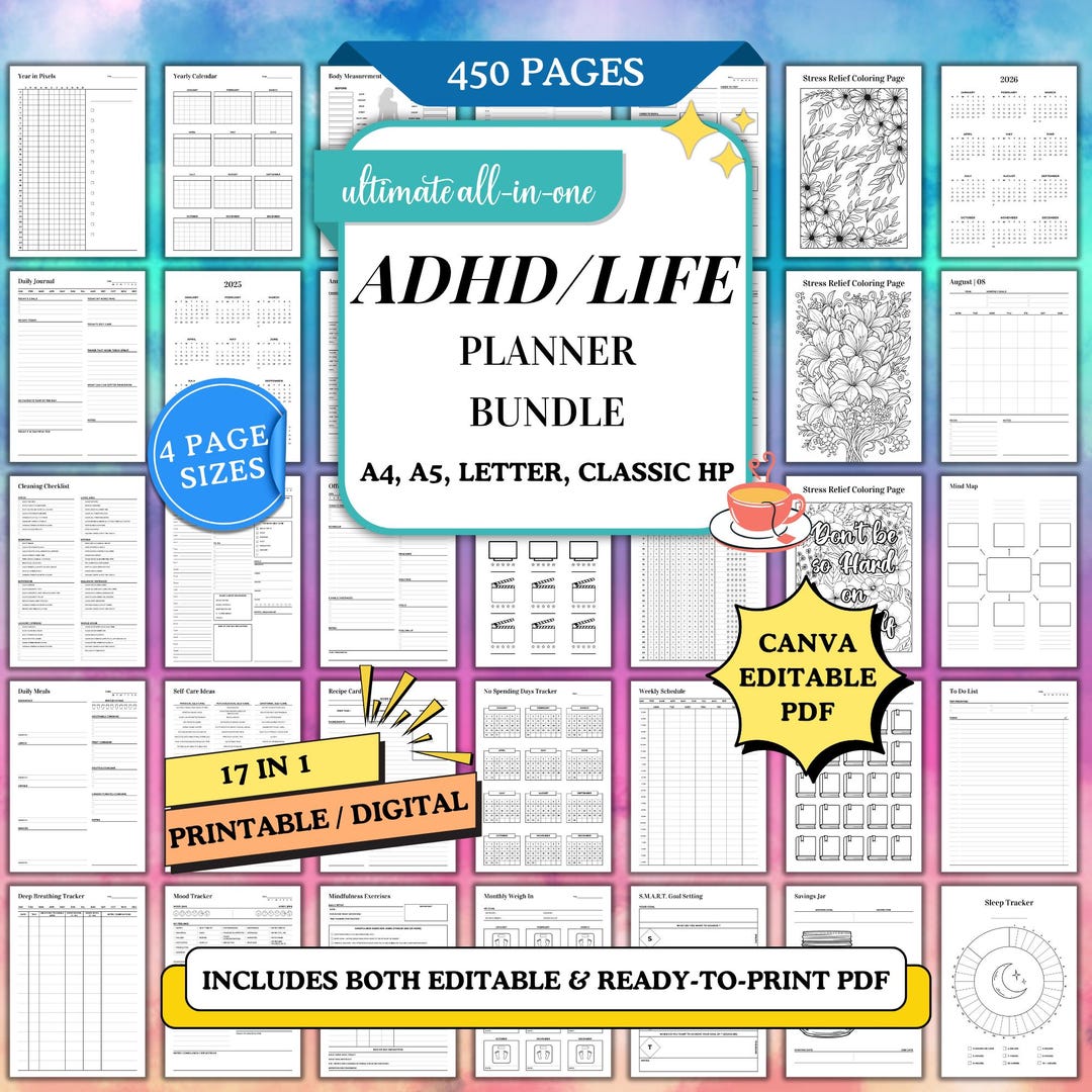 Adhd Planner Bundle Printable Editable Productive 2025 2026 Adhd ...