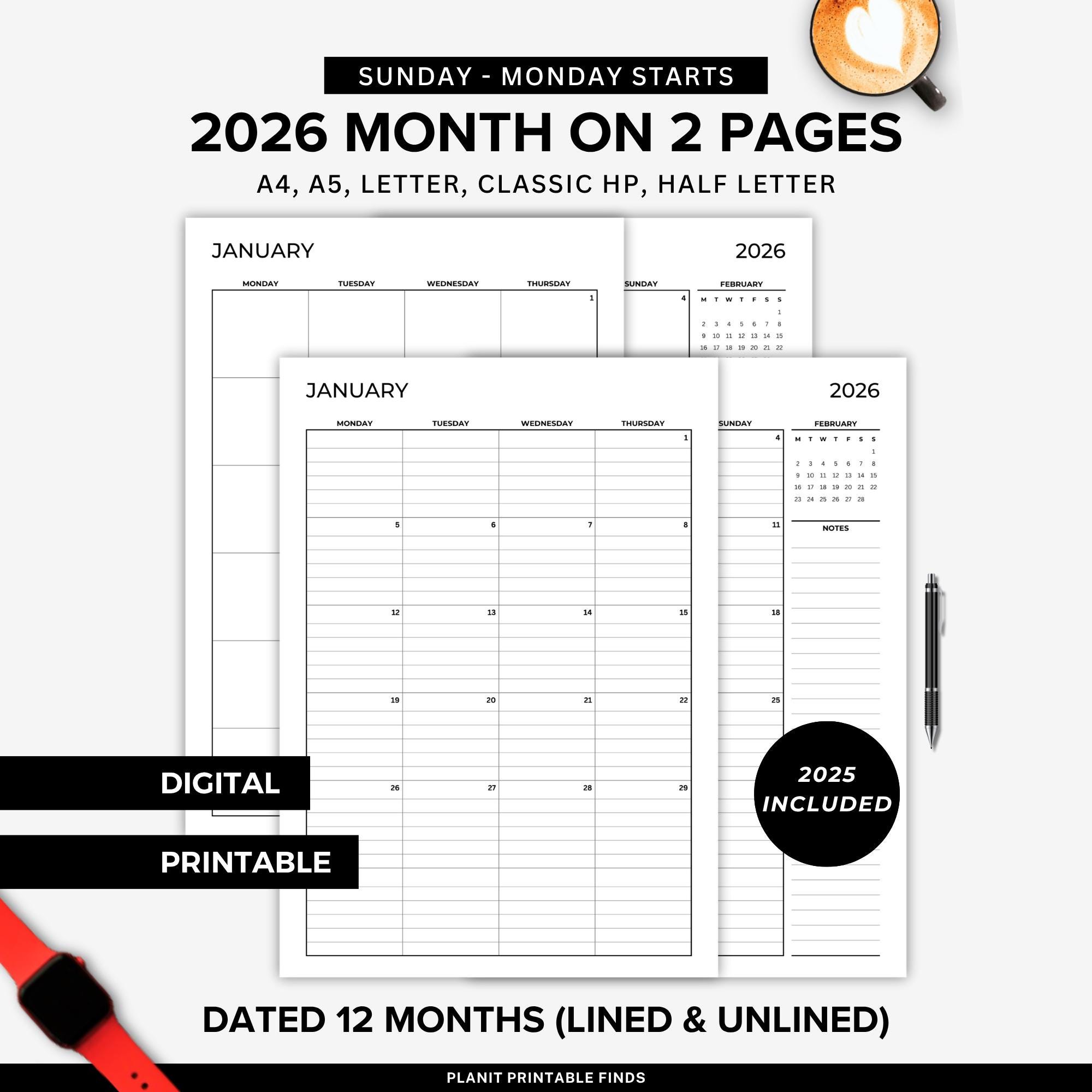 2025 2026 Monthly Planner Printable, Dated Month on 2 Pages Lined ...