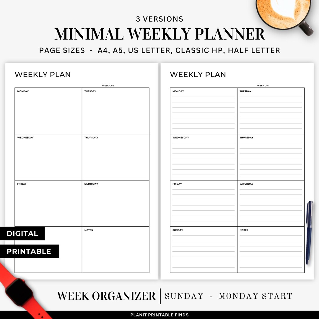 Weekly Planner Minimal Weekly Plan Week on 1 Page Weekly Organizer ...