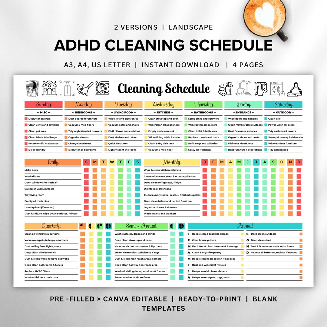 Editable Cleaning Schedule Template ADHD Cleaning Planner Daily Weekly ...
