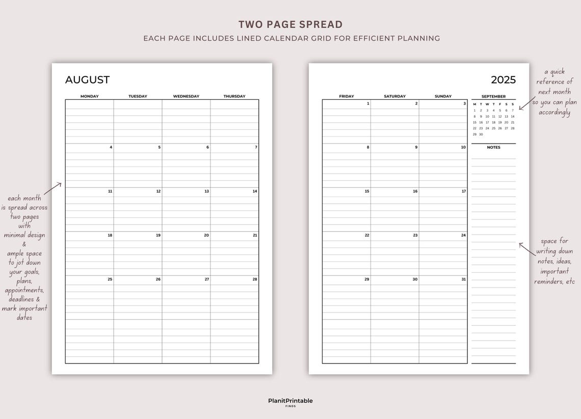 2025 Monthly Planner Printable, Dated Month on 2 Pages Lined, Monthly ...