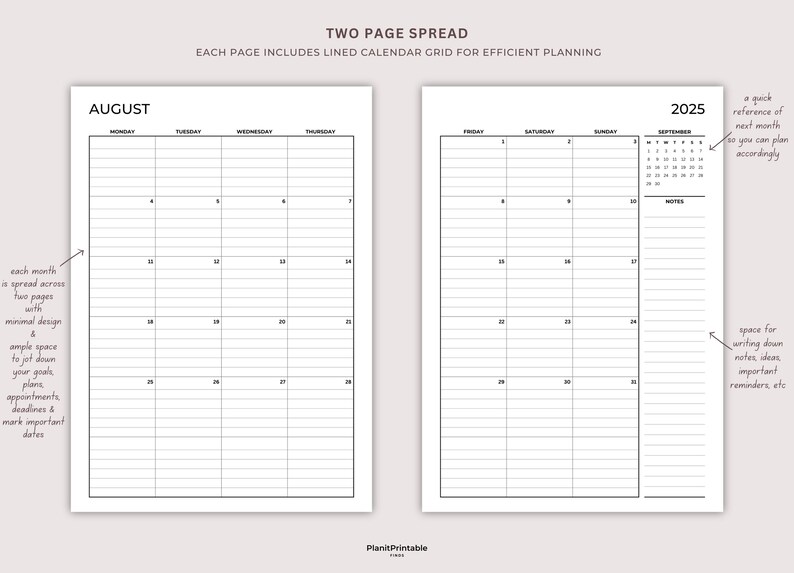 2025 Monthly Planner Printable, Dated Month on 2 Pages Lined, Monthly ...