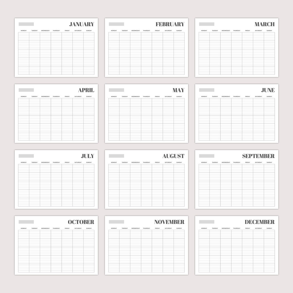 Blank Monthly Calendar Printable Landscape, Blank Calendar Page, Simple ...