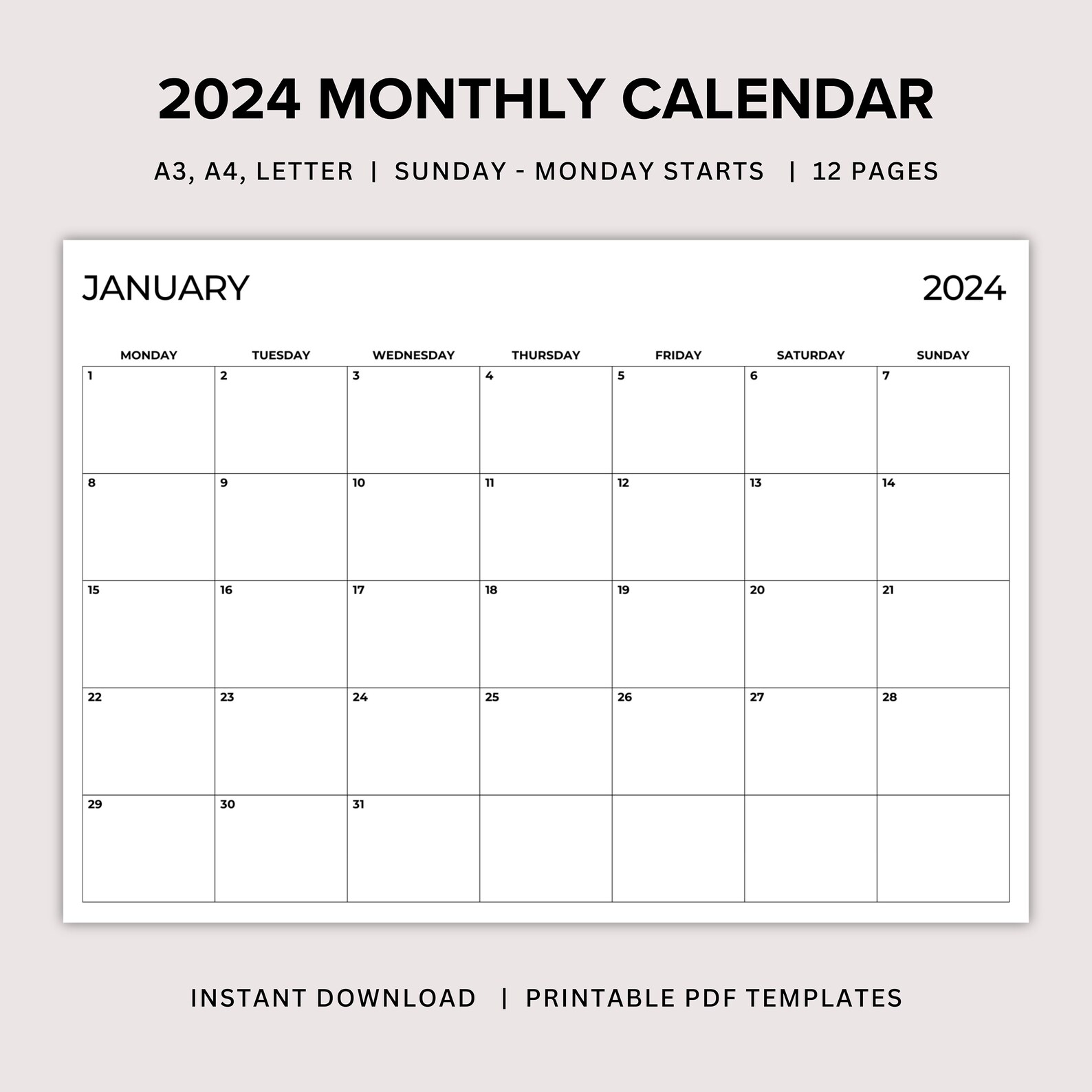 2024 Monthly Landscape Planner, Sunday & Monday Start,2024 Month on 1 ...