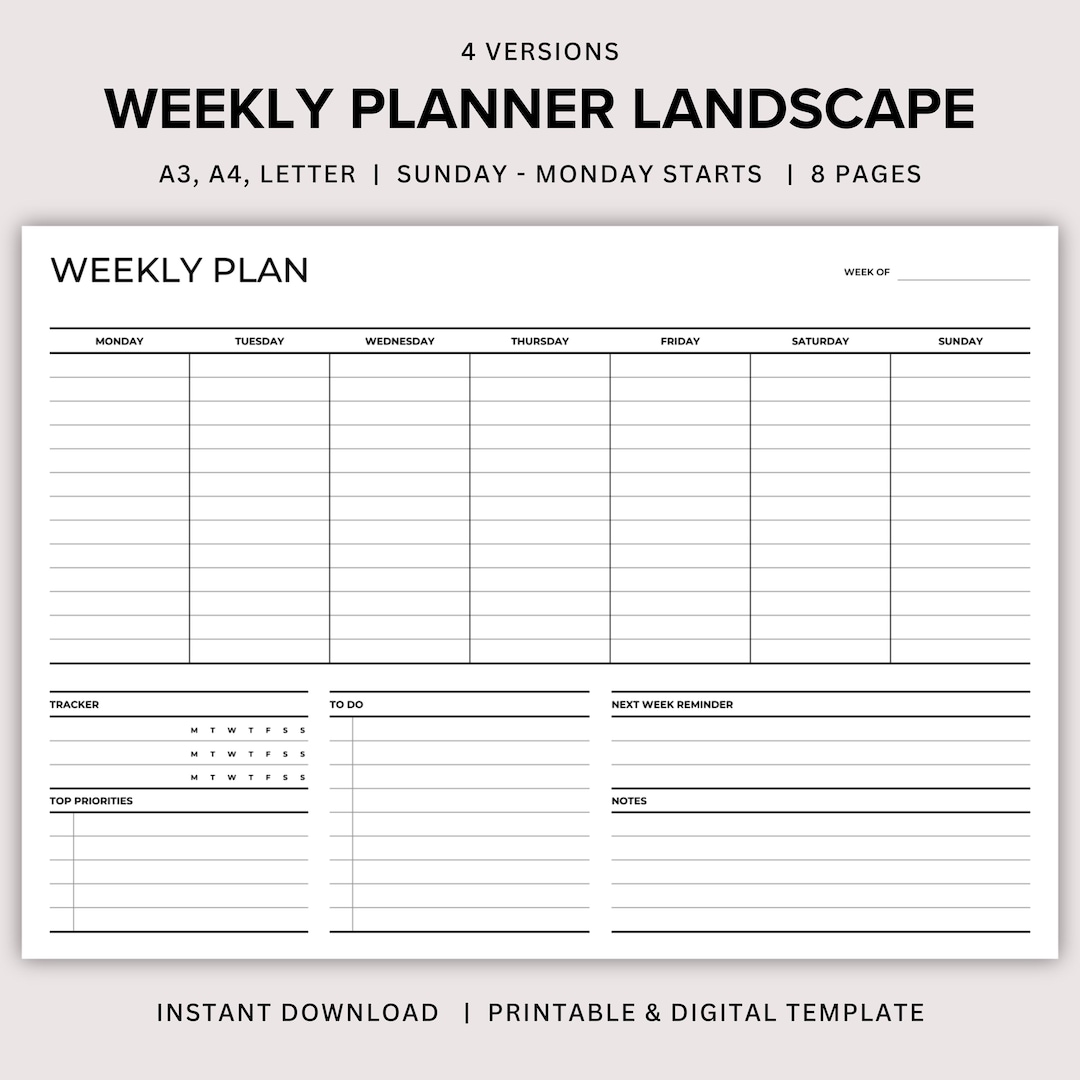 Weekly Planner Printable Landscape, Weekly to Do List, Undated Weekly ...
