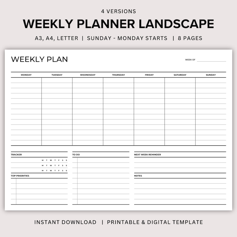 Weekly Planner Printable Landscape, Weekly to Do List, Undated Weekly ...