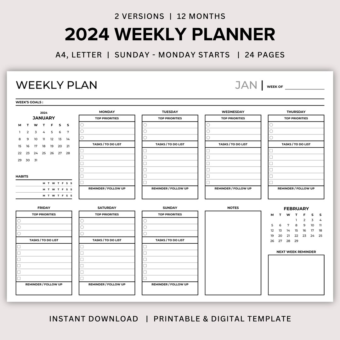 2024 Weekly Planner Printable Landscape, Weekly to Do List, Undated ...