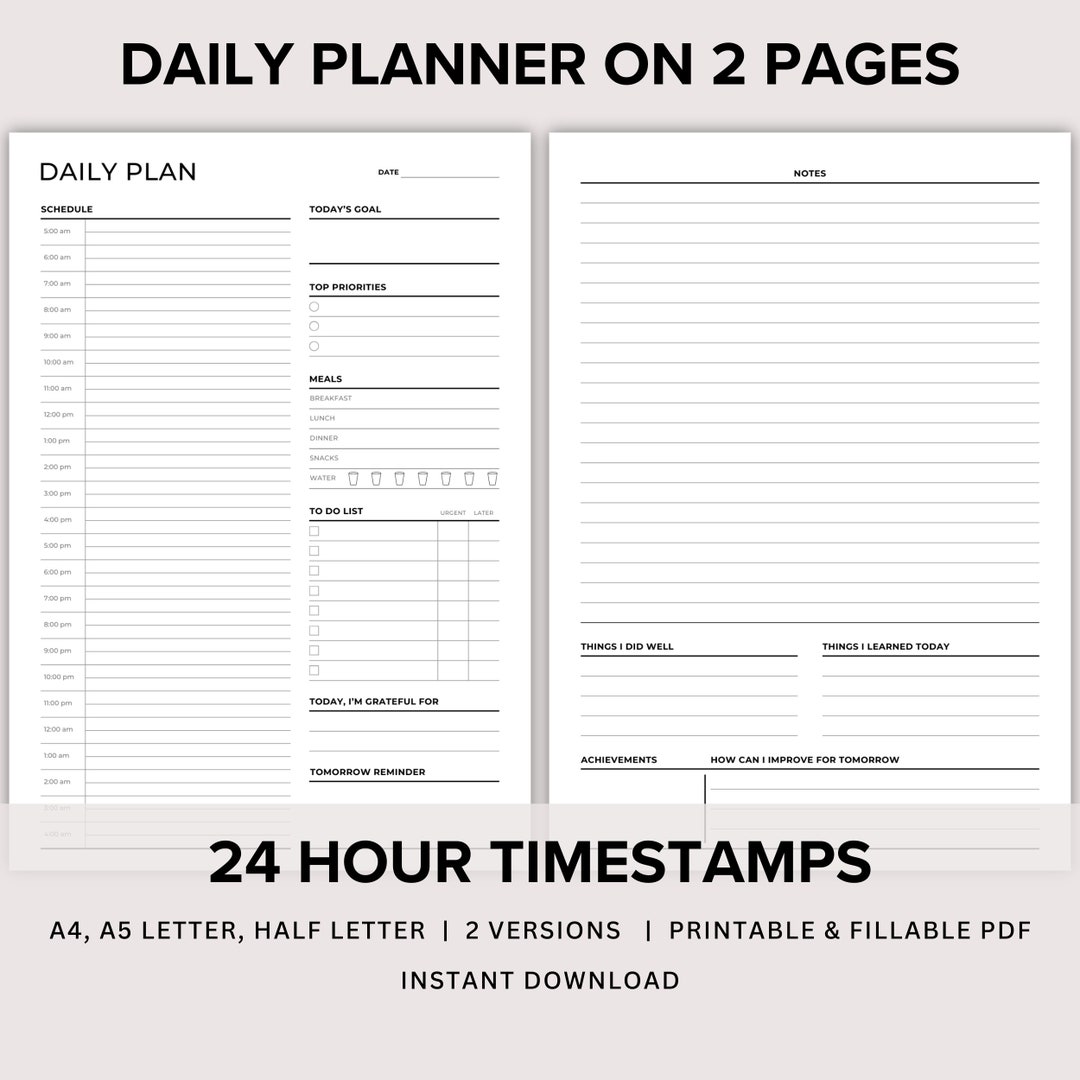 24 Hour Daily Planner Printable, Daily Plan on 2 Pages, Daily Goal ...