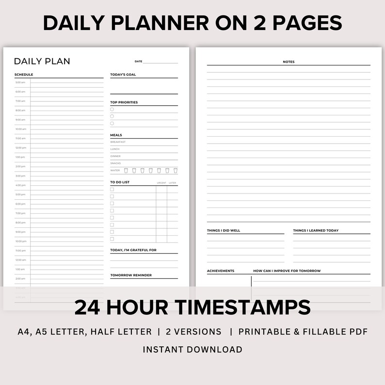 24 Hour Daily Planner Printable, Daily Plan on 2 Pages, Daily Goal ...