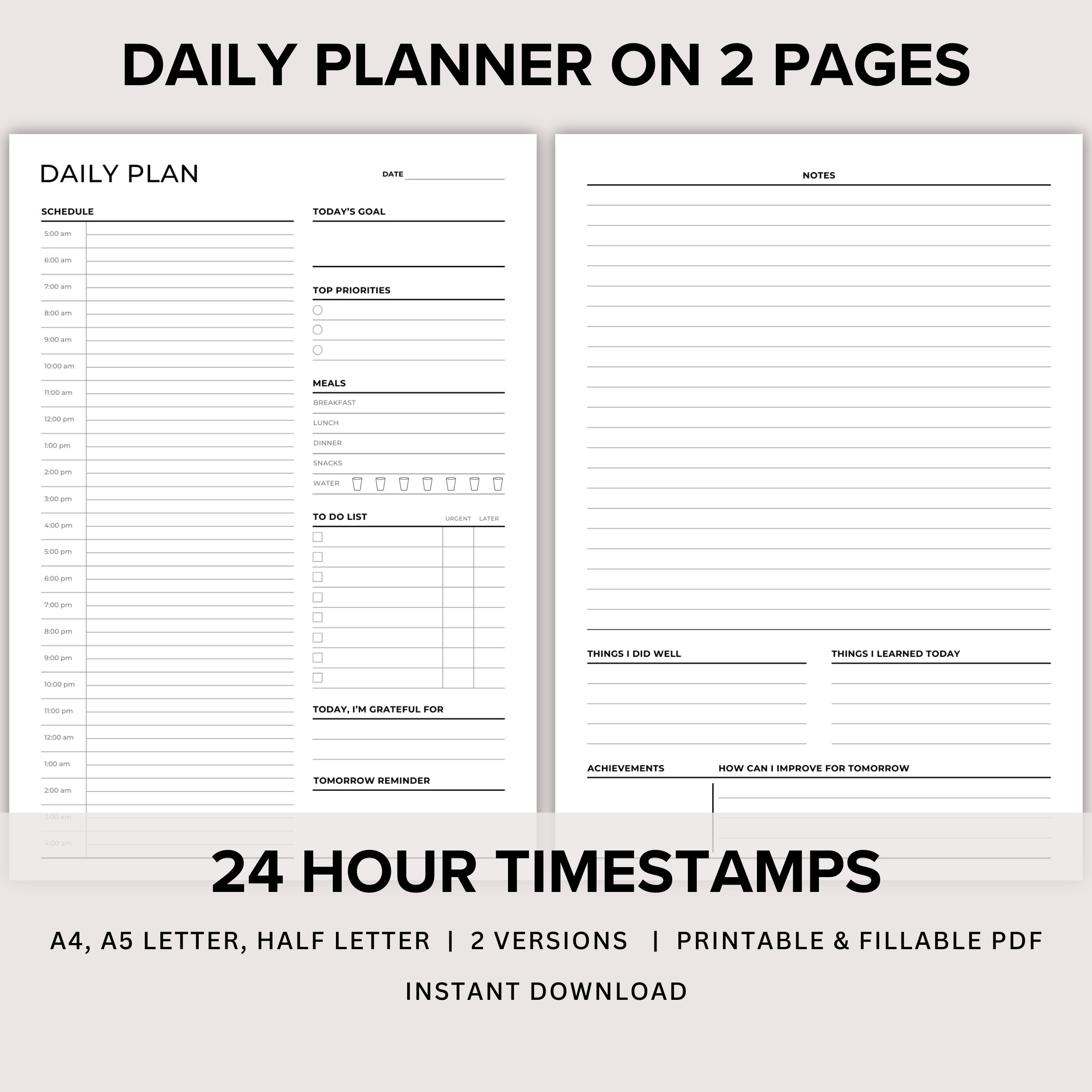 24 Hour Daily Planner Printable, Daily Plan on 2 Pages, Daily Goal ...