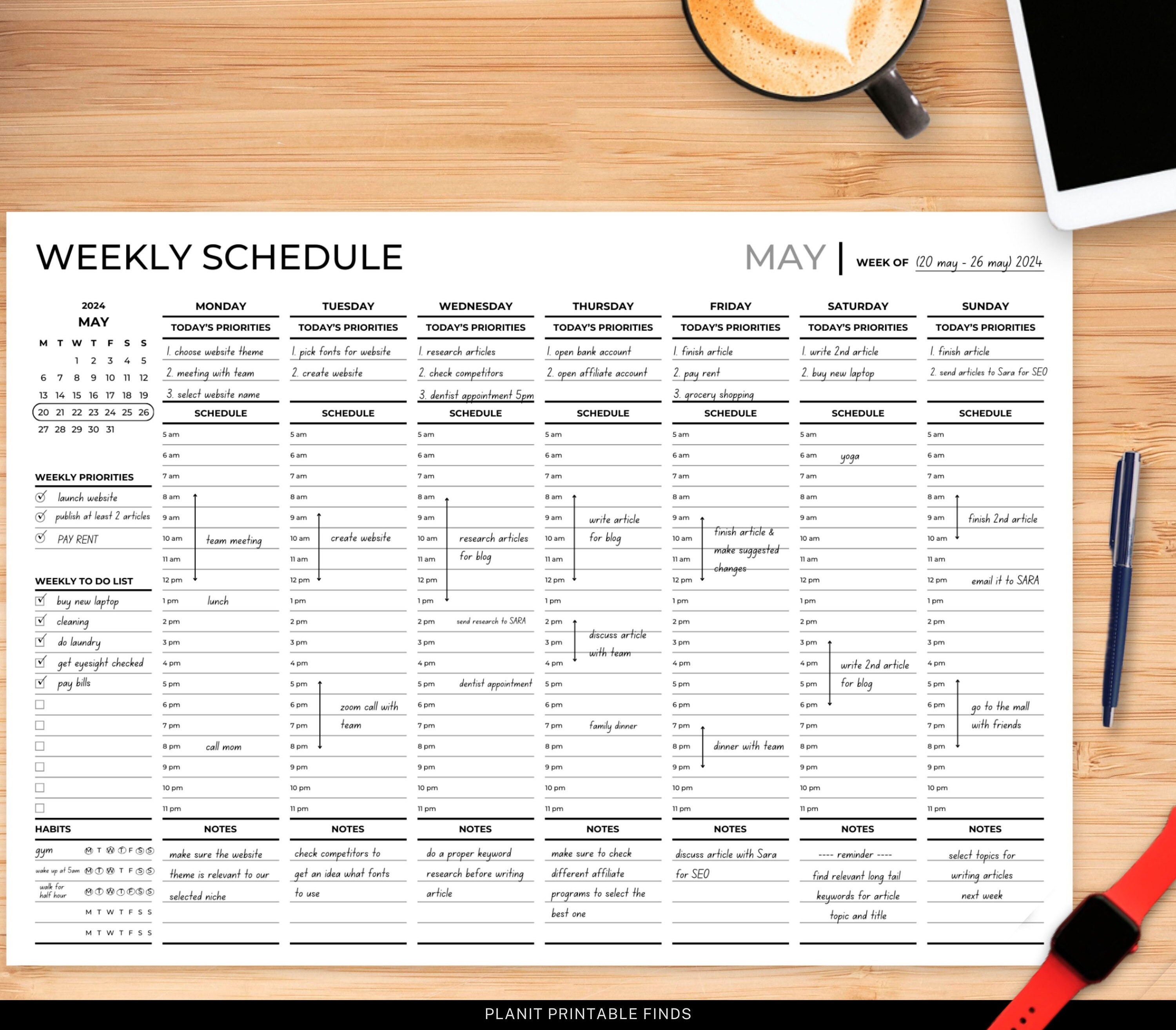 2024 Weekly Hourly Planner Printable, Weekly Schedule Planner, Weekly ...