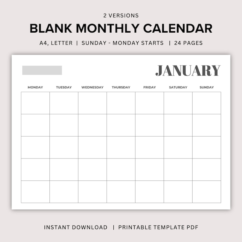 Blank Monthly Calendar Printable Landscape, Blank Calendar Page, Simple ...