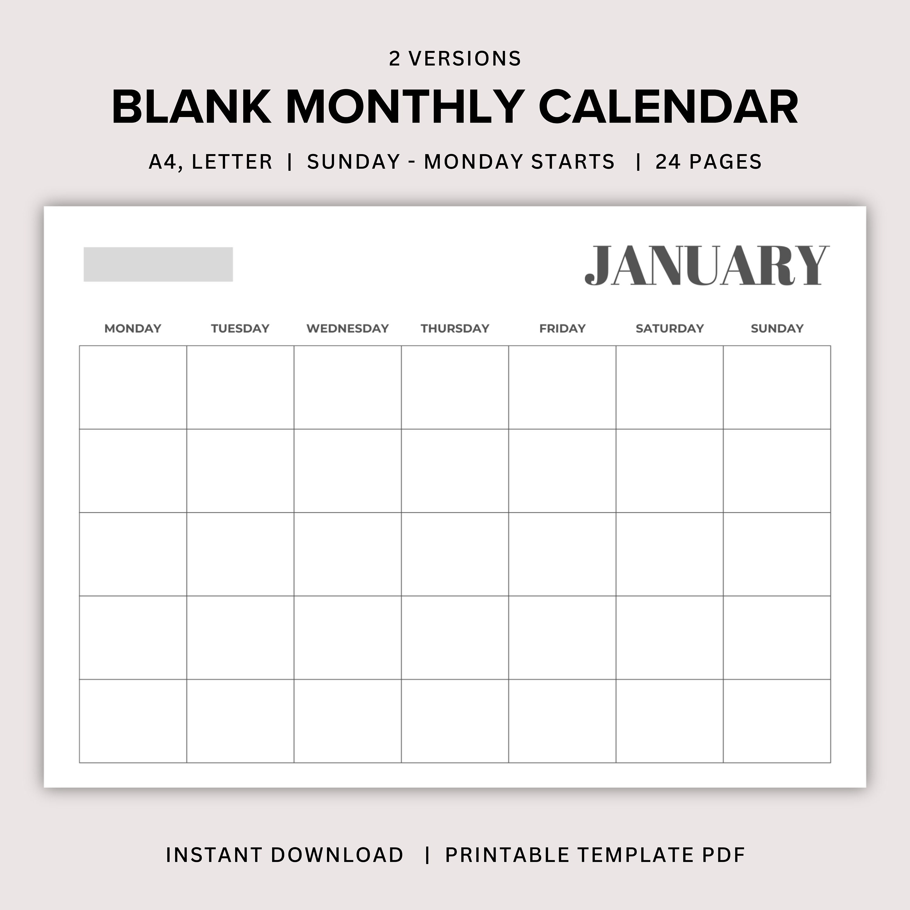 Blank Monthly Calendar Printable Landscape, Blank Calendar Page, Simple ...