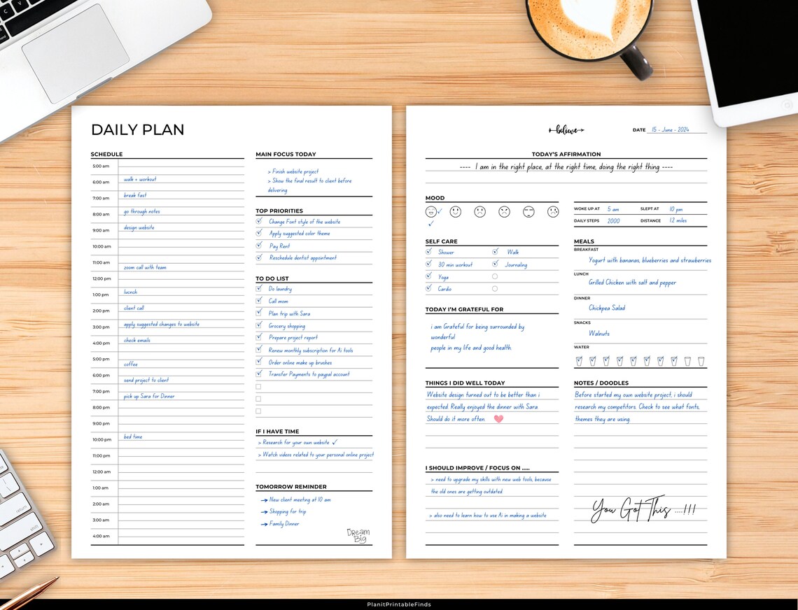 24 Hour Daily Planner Printable, Daily Plan on 2 Pages, Day on 2 Page ...