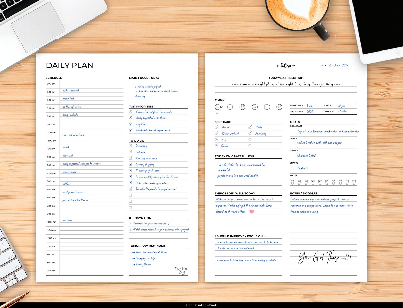 24 Hour Daily Planner Printable, Daily Plan on 2 Pages, Day on 2 Page ...