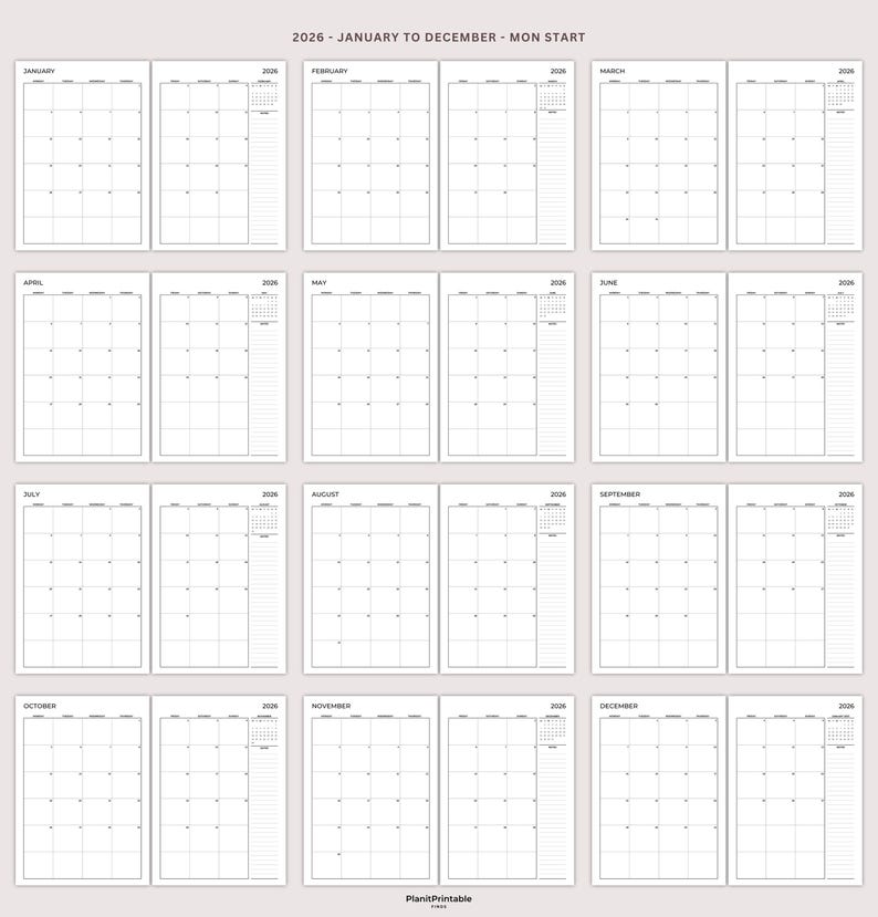 2026 2027 Monthly Planner Printable, Dated Month on 2 Pages Unlined ...