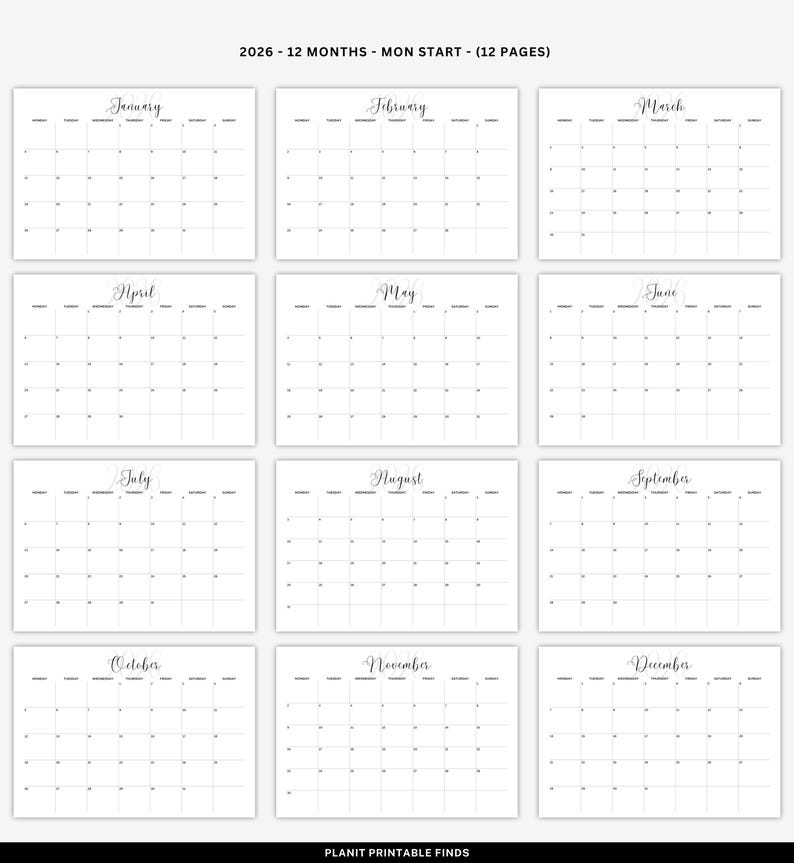 2026 Calendar Printable, 2026 One Page Dated Monthly Planner Landscape ...