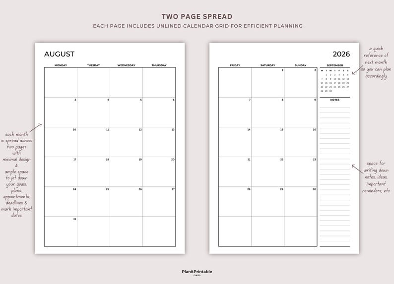2026 2027 Monthly Planner Printable, Dated Month on 2 Pages Unlined ...