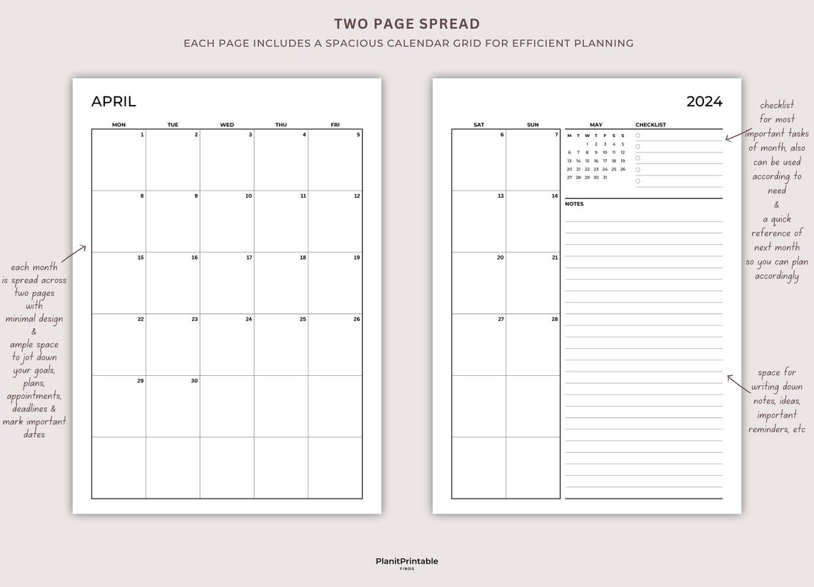 2024 Monthly Planner Printable, Dated Month on 2 Pages, Month at a ...