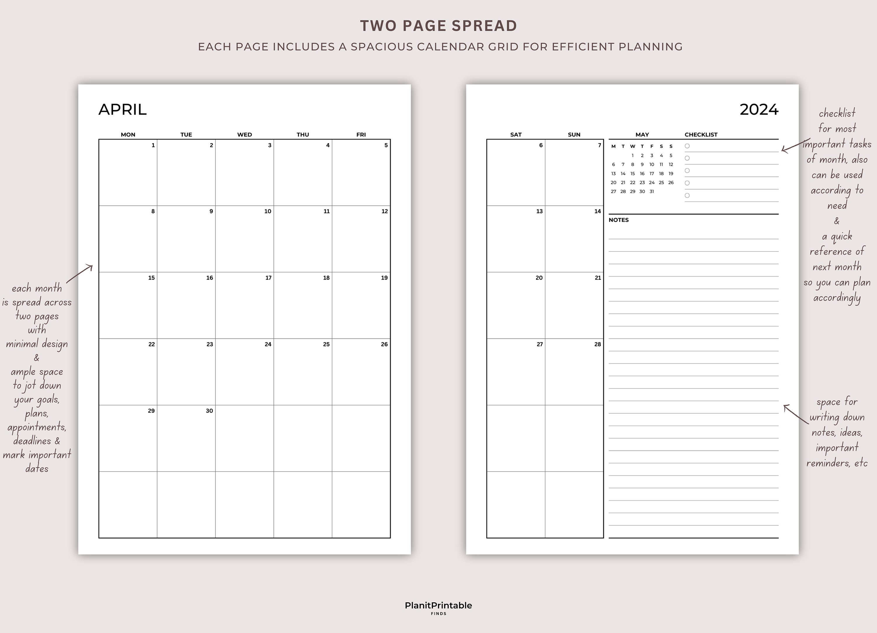 2024 Monthly Planner Printable, Dated Month on 2 Pages, Month at a ...