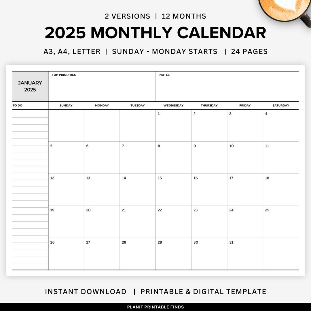 2025 Monthly Calendar: Landscape Planner, A3 A4 Letter (printable PDF ...