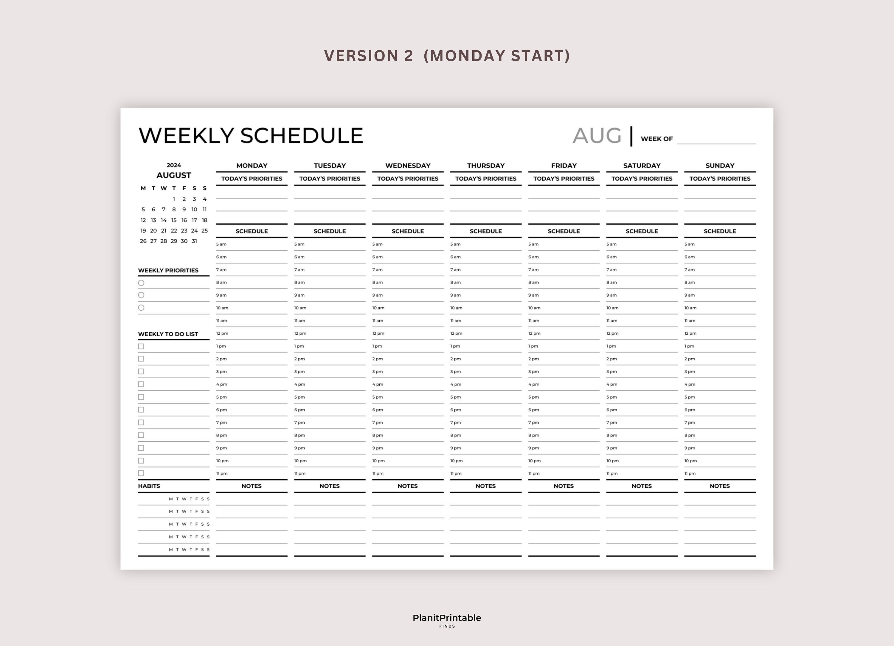 2024 Weekly Hourly Planner Printable, Weekly Schedule Planner, Weekly ...