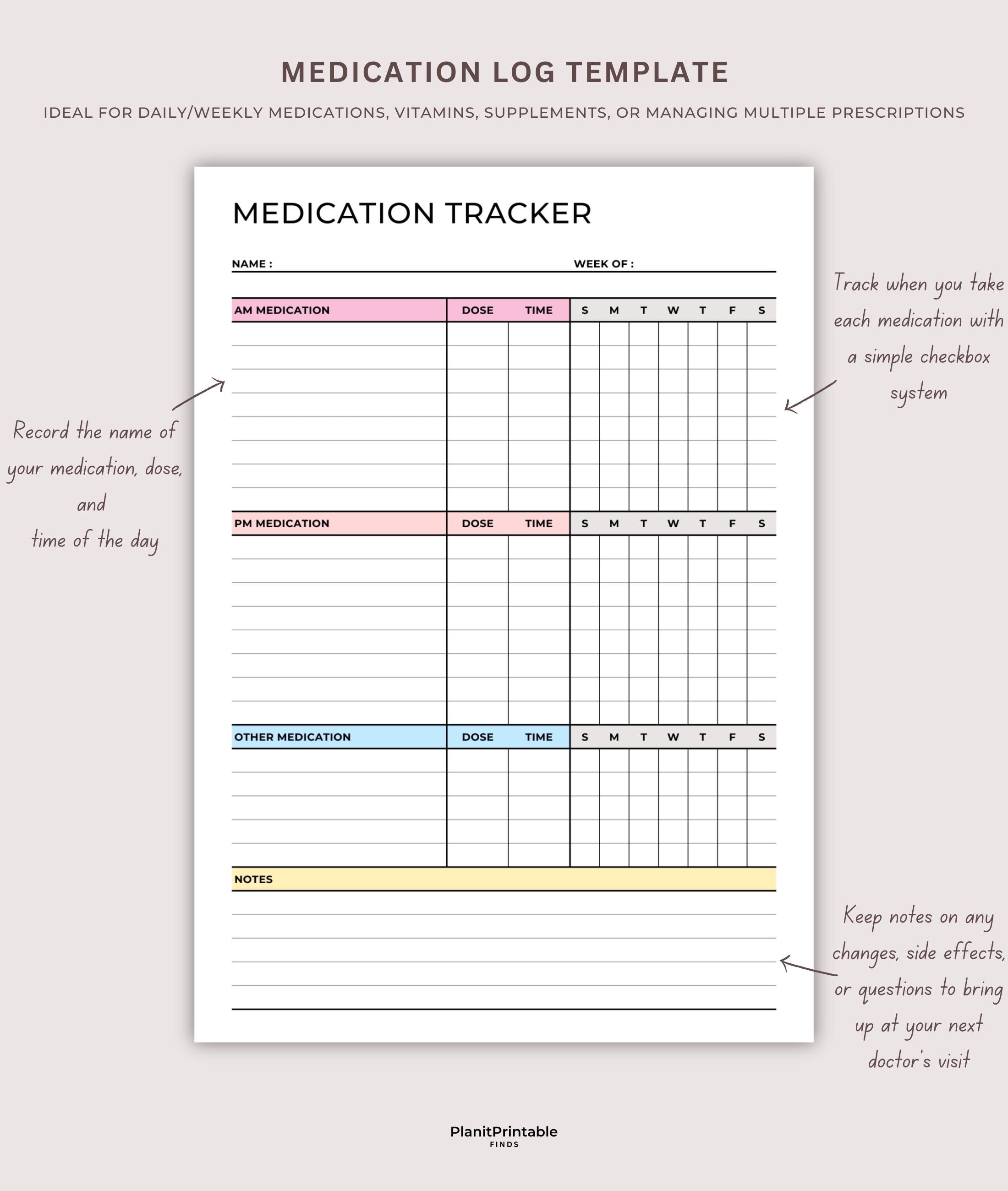 Weekly Medication Tracker Printable: Dosage Log (digital Download) - Etsy