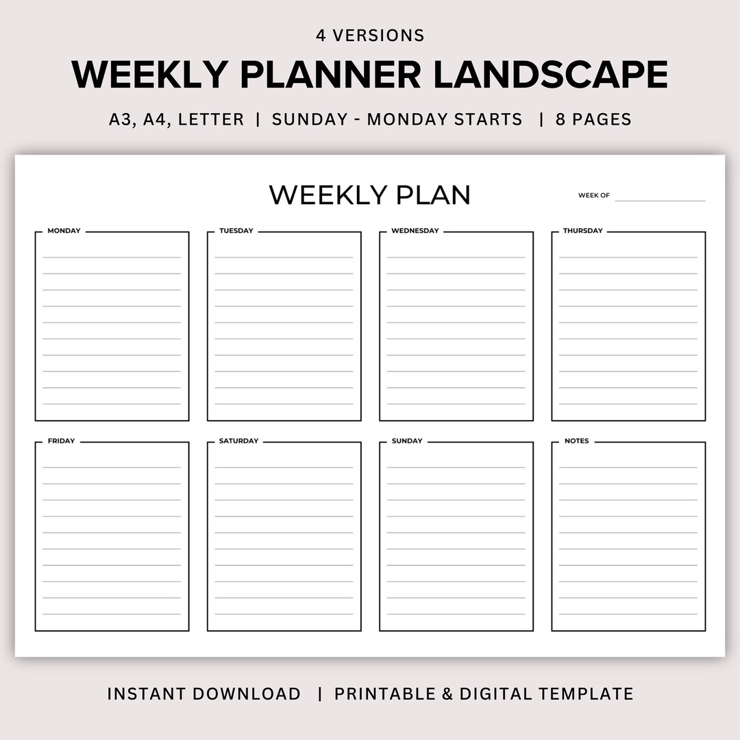 Weekly Planner Printable Landscape, Minimalist Weekly Organizer, Week ...
