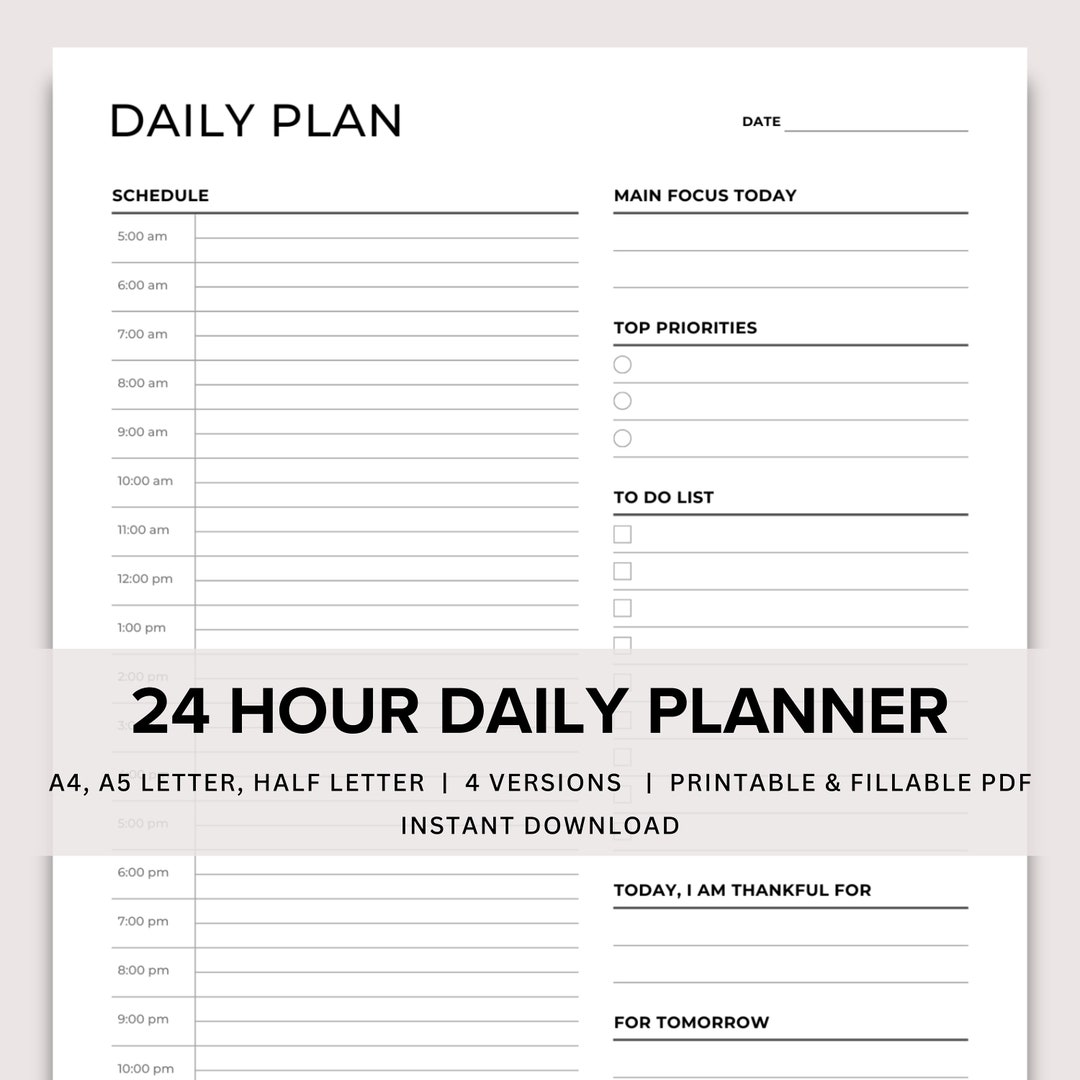 24 Hour Daily Planner Printable, Daily Hourly Planner, Everyday Planner ...