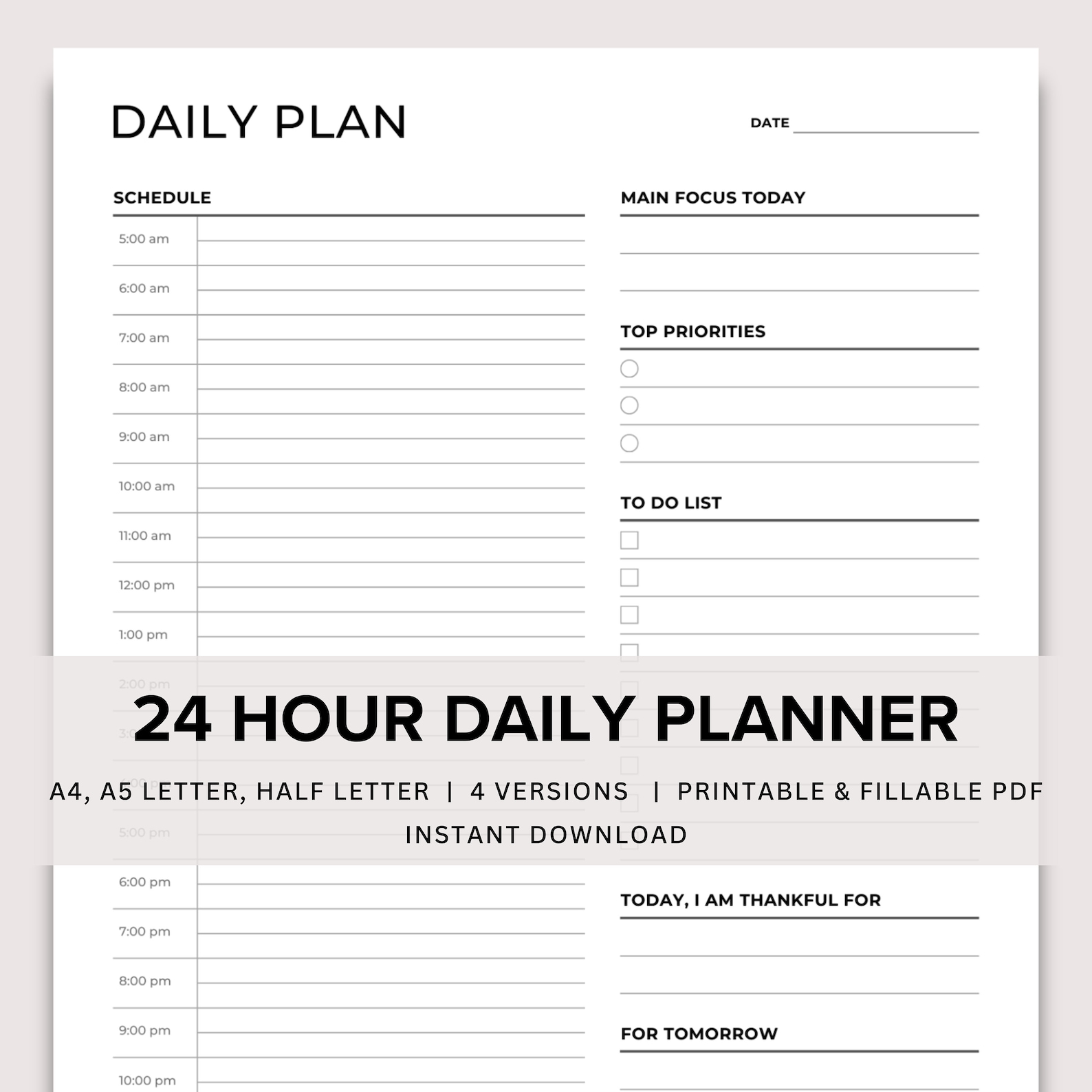 24 Hour Daily Planner Printable, Daily Hourly Planner, Everyday Planner ...