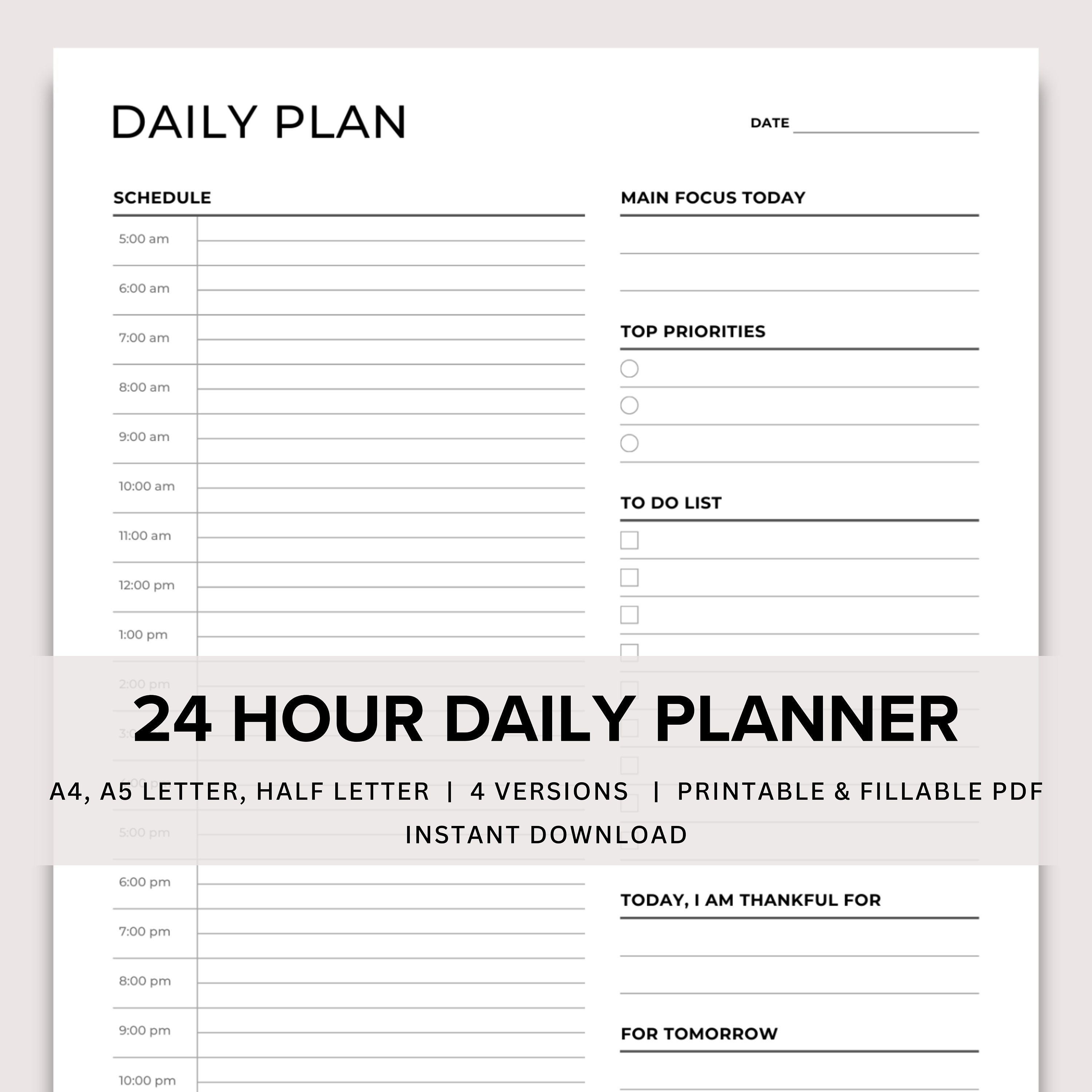24 Hour Daily Planner Printable, Daily Hourly Planner, Everyday Planner ...