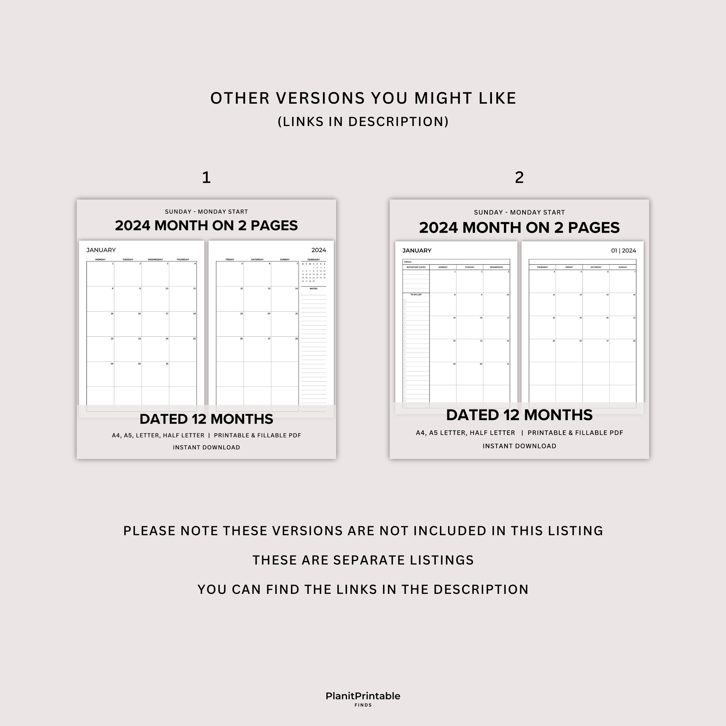 2024 Monthly Planner Printable, Dated Month on 2 Pages, Month at a ...