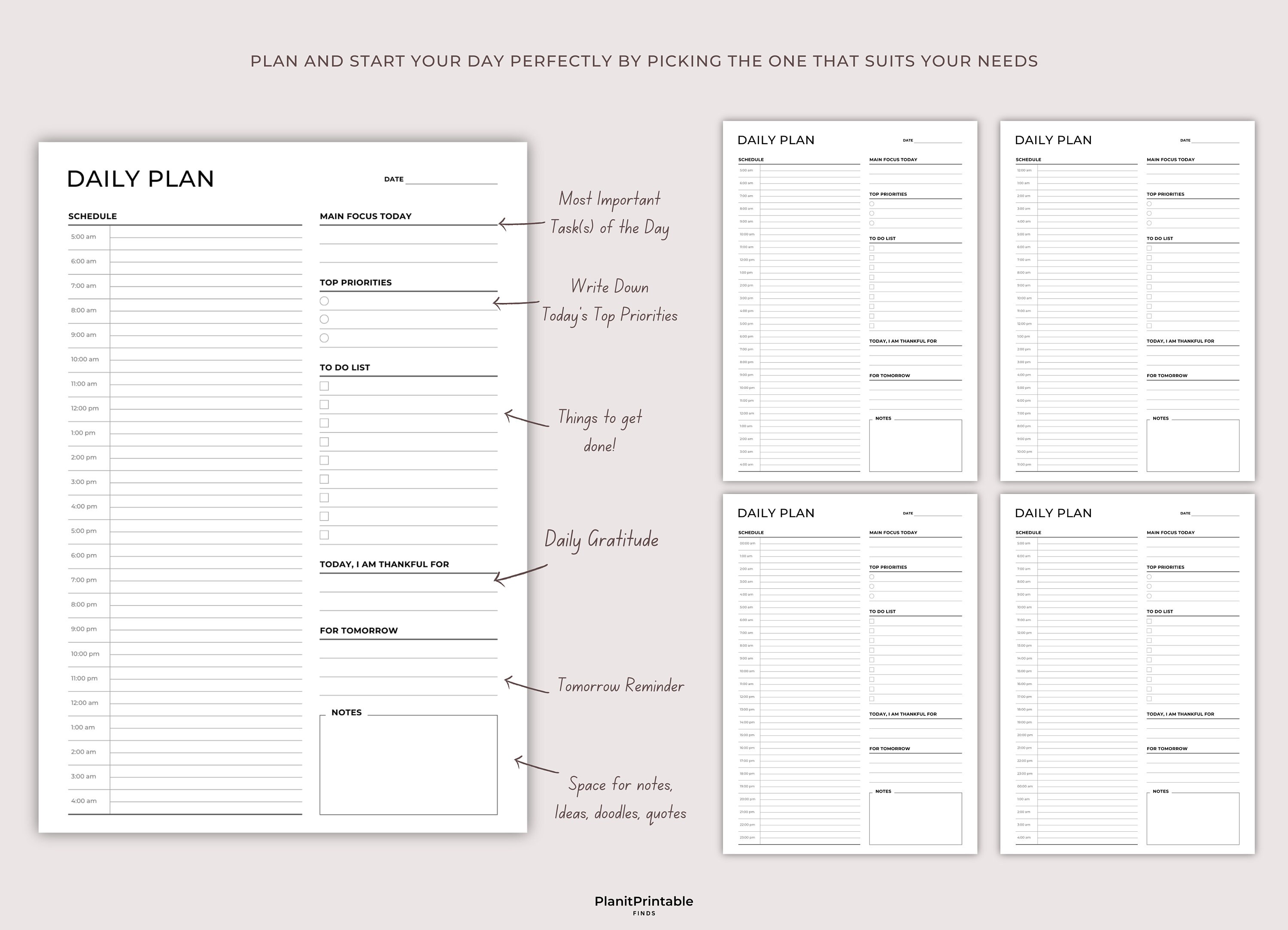 24 Hour Daily Planner Printable, Daily Hourly Planner, Everyday Planner ...