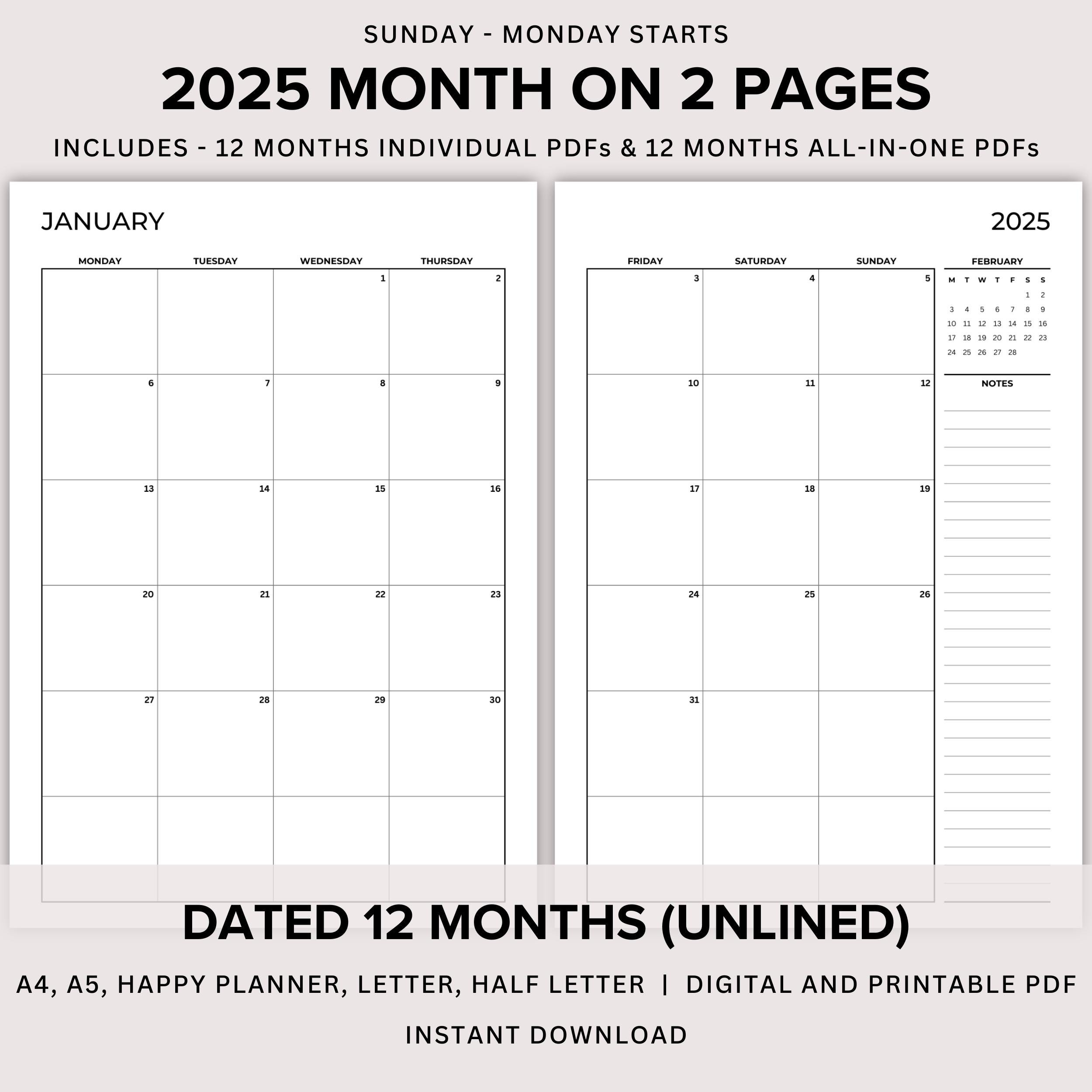 2025 Monthly Planner Printable, Dated Month on 2 Pages Unlined, Monthly ...