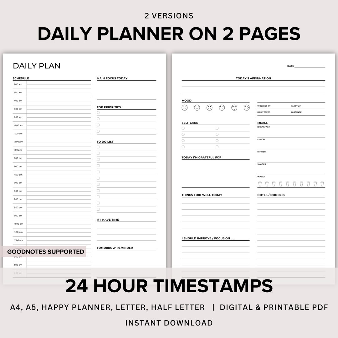 24 Hour Daily Planner Printable, Daily Plan on 2 Pages, Day on 2 Page ...